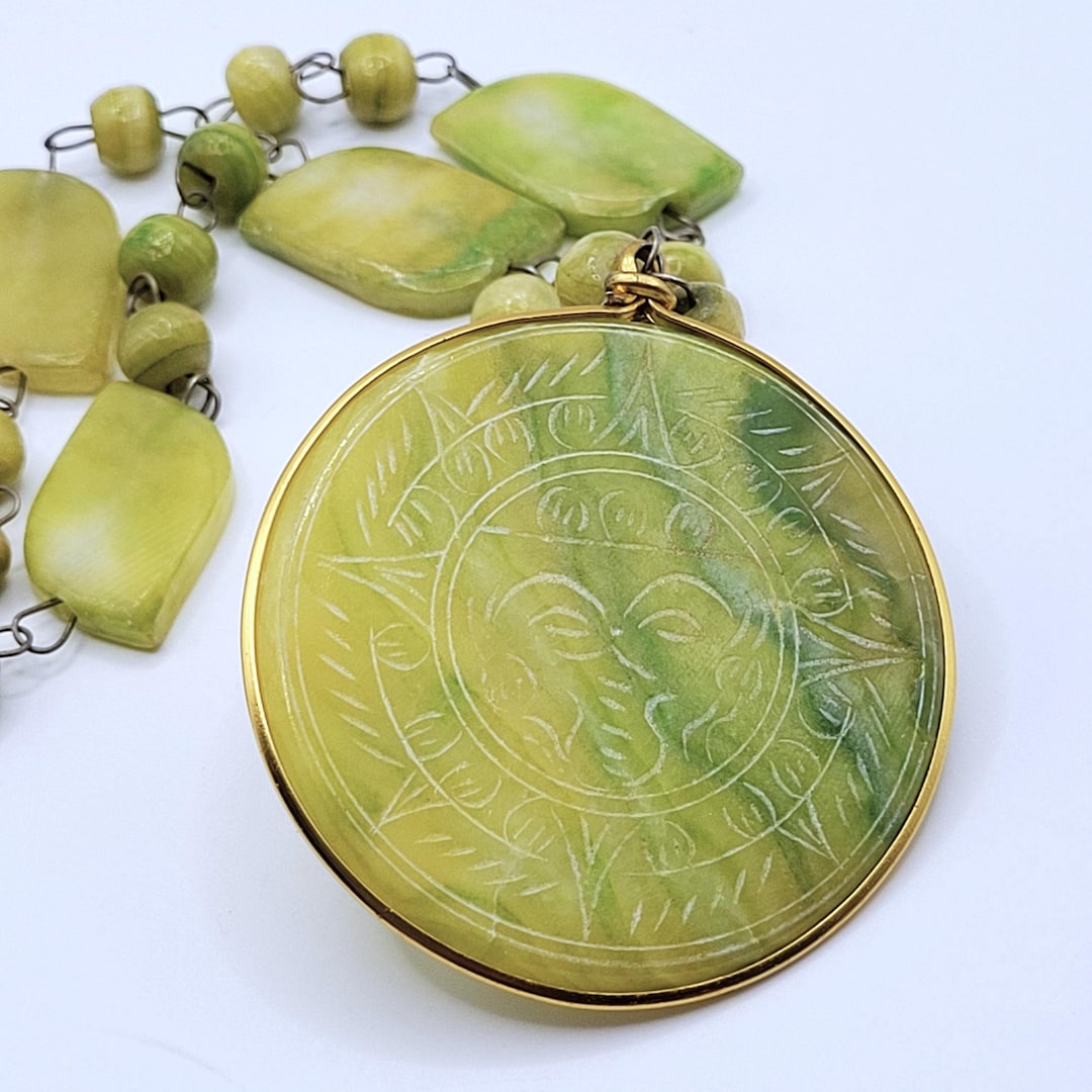 Peruvian Green Opal Carved Inca Sun God Necklace Tribal Aztec Mayan ...