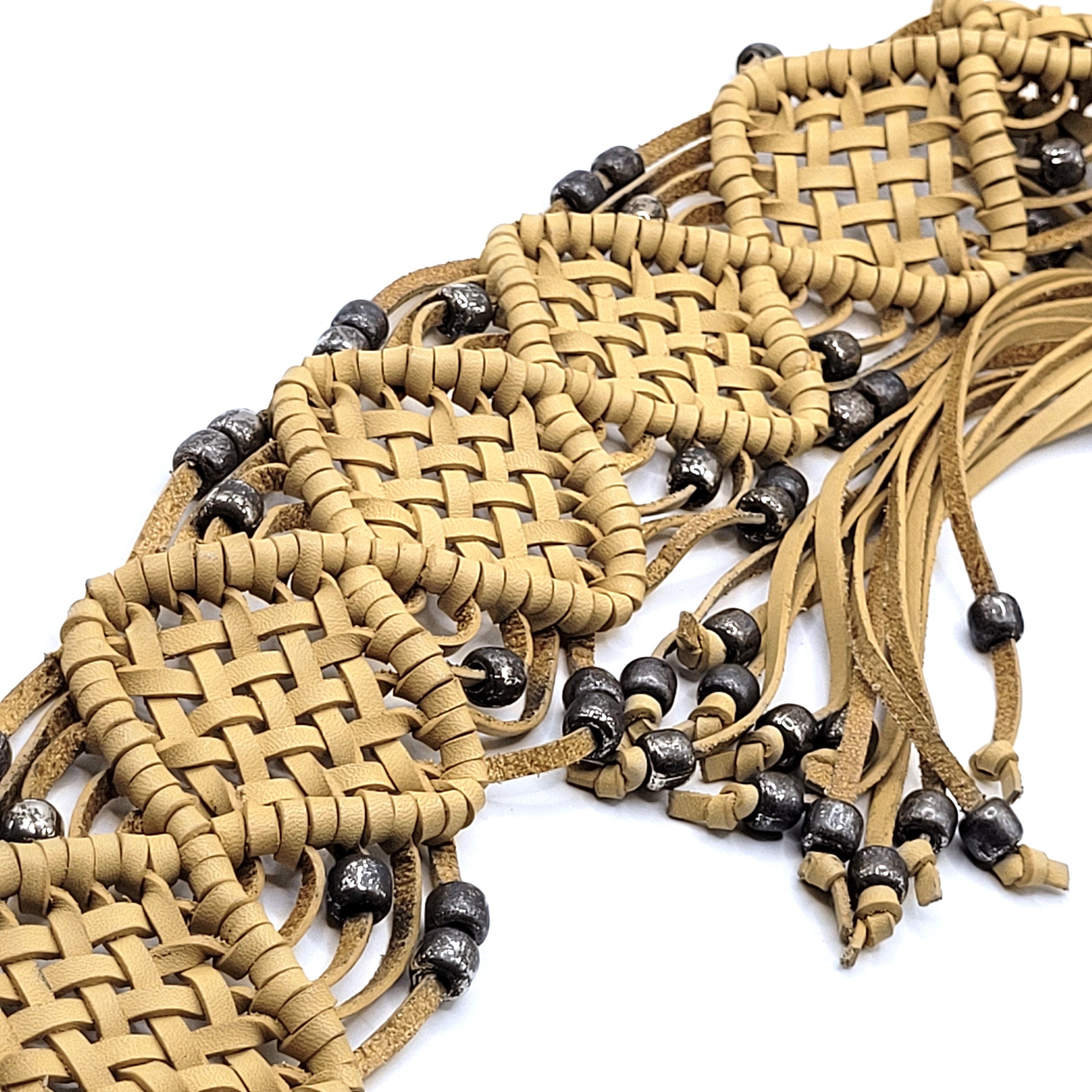 Vintage Western Macrame Fringe Belt Beige Leather Southwestern Braided ...