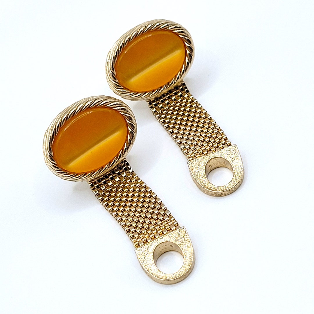 Vintage Gold Tone Mesh Wrap Oval Cufflinks With Orange Moonglow ...
