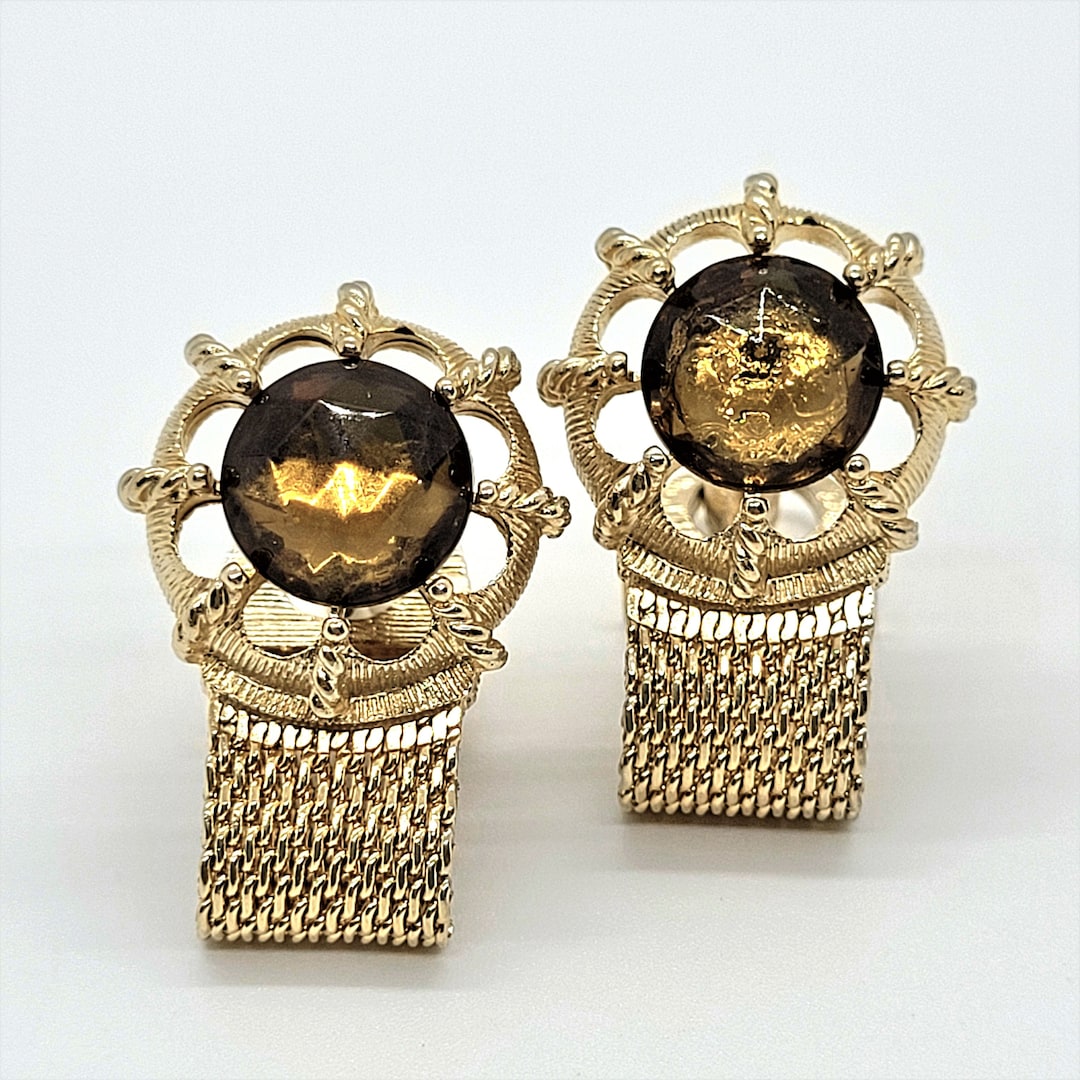 Vintage Signed SWANK Gold Mesh Wrap Cufflinks Topaz Art Glass Stone ...