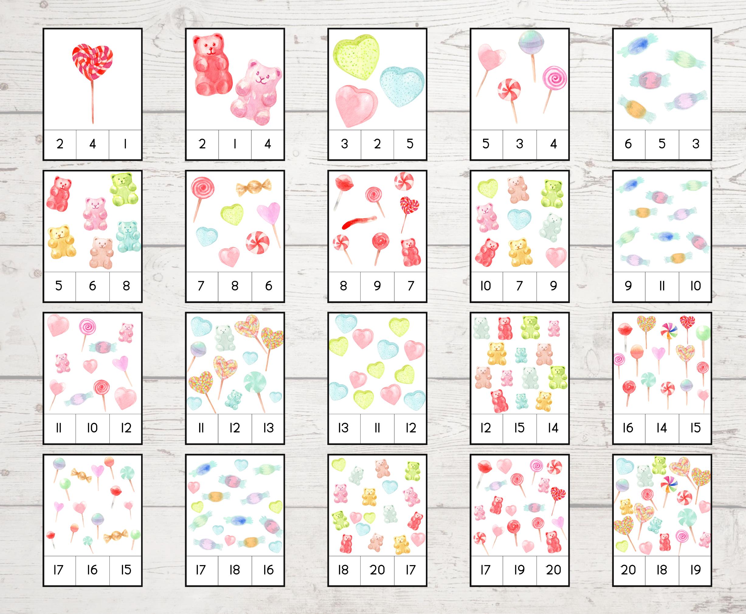 Valentine Count and Clip Cards 1-20, Preschool Math Activity Printable ...