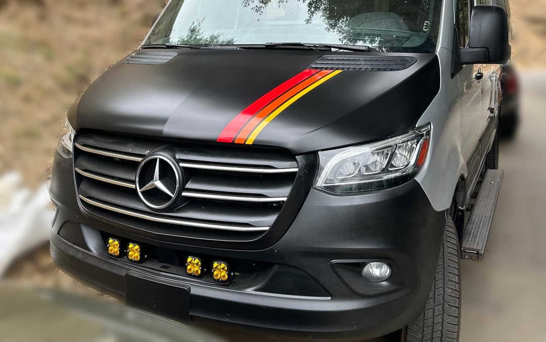 Satin Black Hood Wrap and Retro Striping for Mercedes Benz Sprinter ...