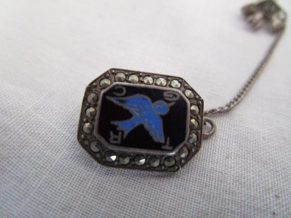 Antique TRGC Bluebird Lapel Pin & Chain Fraternal Ena… - Gem