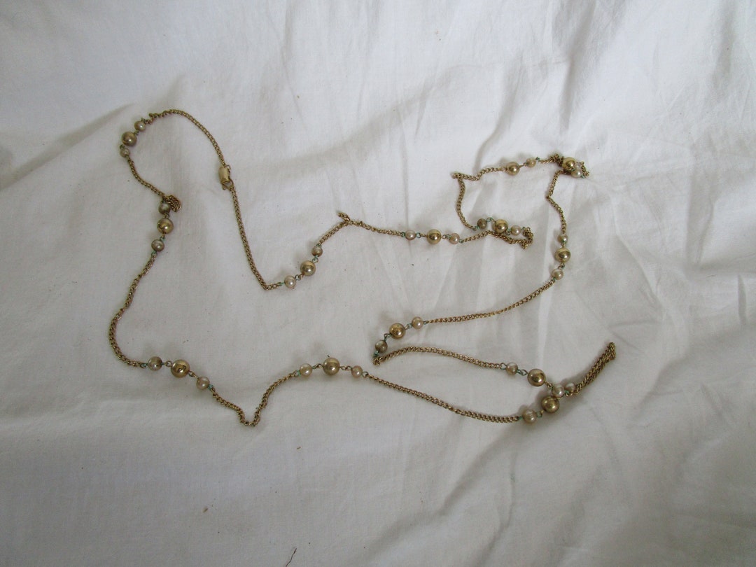 Vintage Designer Coro 60 Inch Long Faux Pearl & Gold Ball Necklace - Etsy