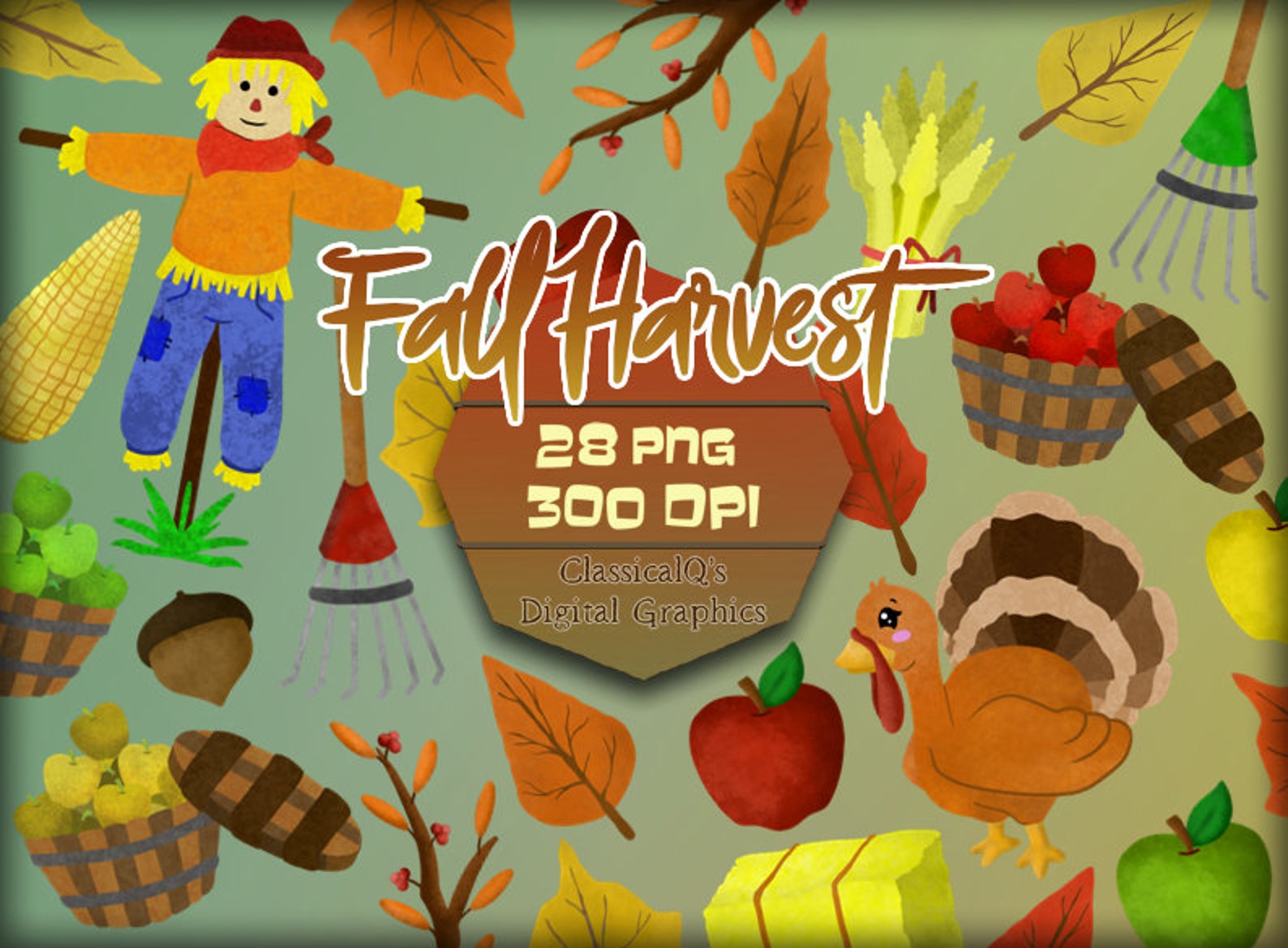 Hand Drawn Fall Harvest Clip Art Scarecrow Leaves Rustic - Etsy