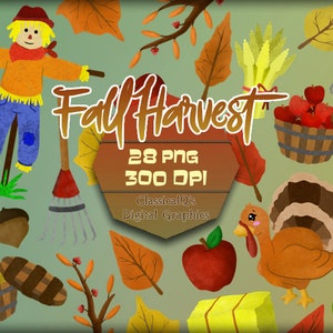 Hand Drawn Fall Harvest Clip Art, Scarecrow, Leaves, Rustic Apple ...