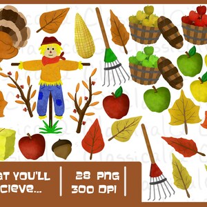 Hand Drawn Fall Harvest Clip Art, Scarecrow, Leaves, Rustic Apple ...
