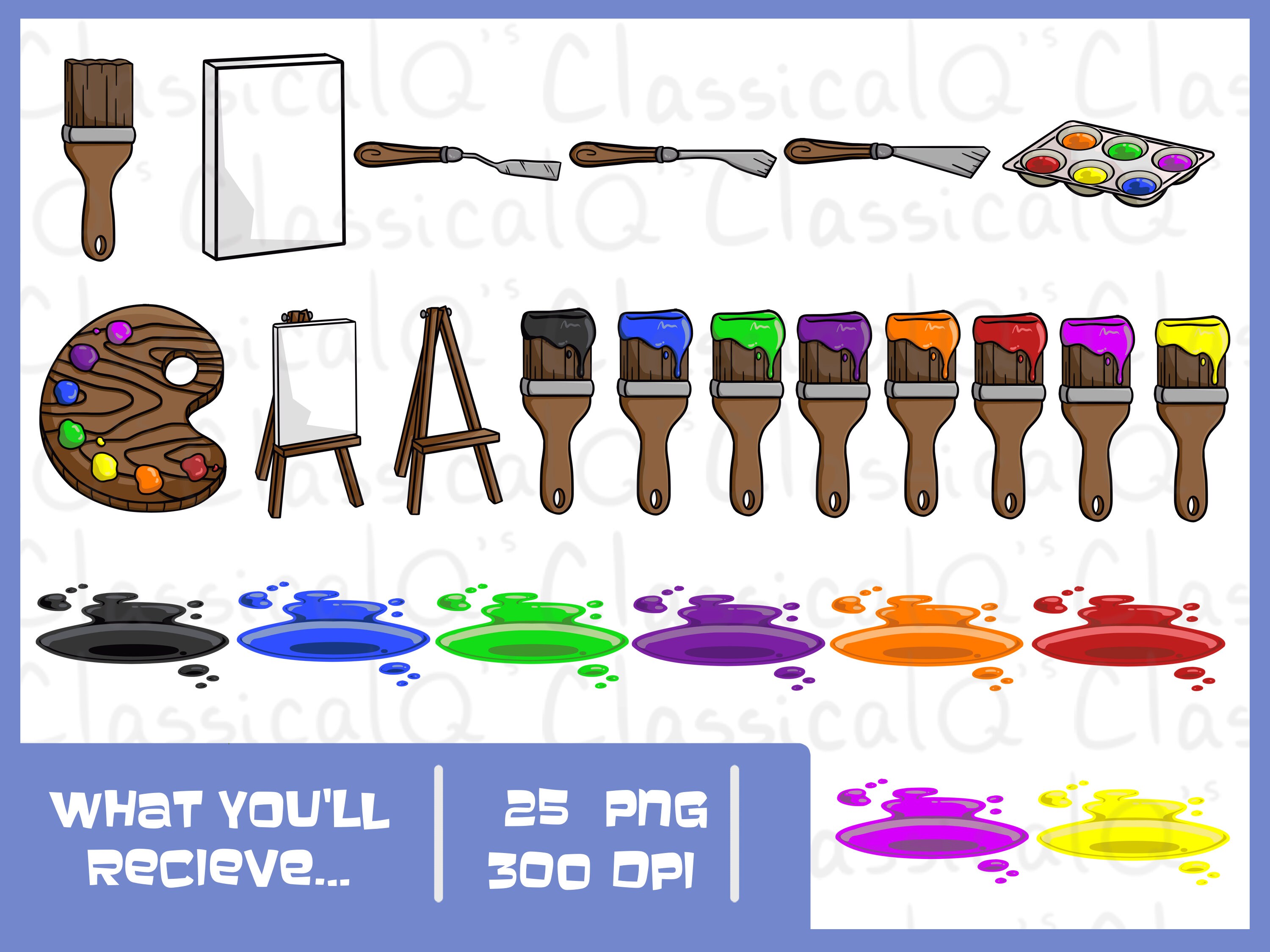 Paint Set Clip Art, Painting Digital Clipart, Hand Drawn, White Toner ...