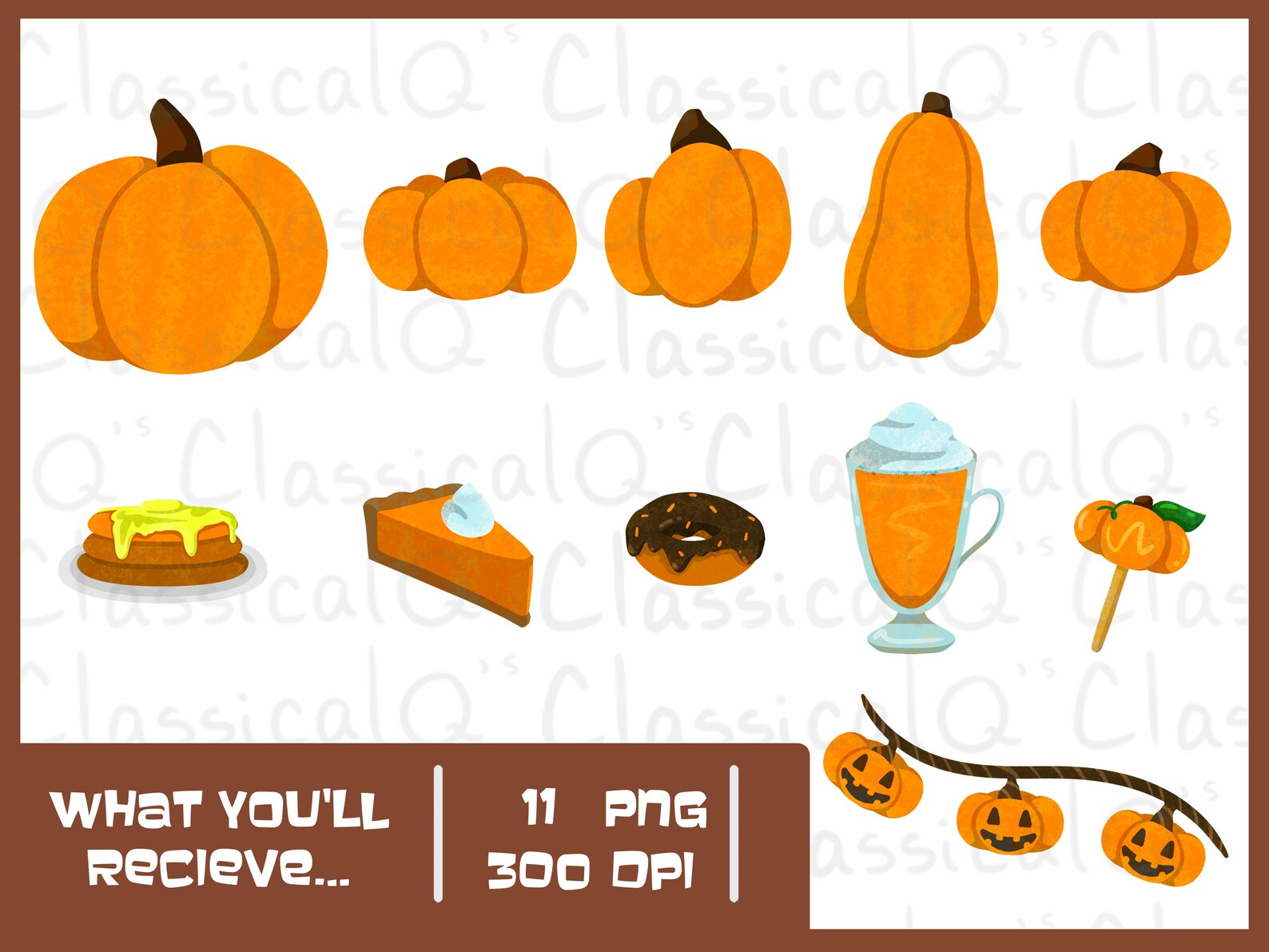 Hand Drawn Pumpkin Clip Art, Halloween Treats, Trick or Treat, Digital ...