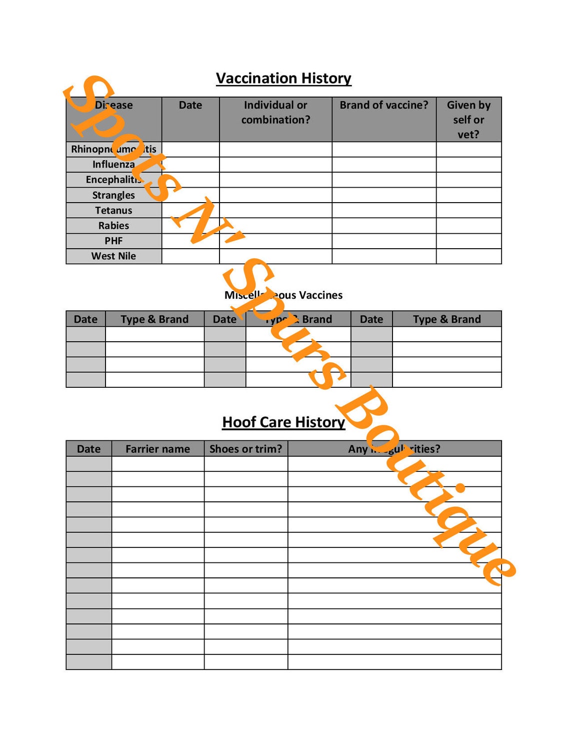 Horse/equine Wellness/health Records - Etsy