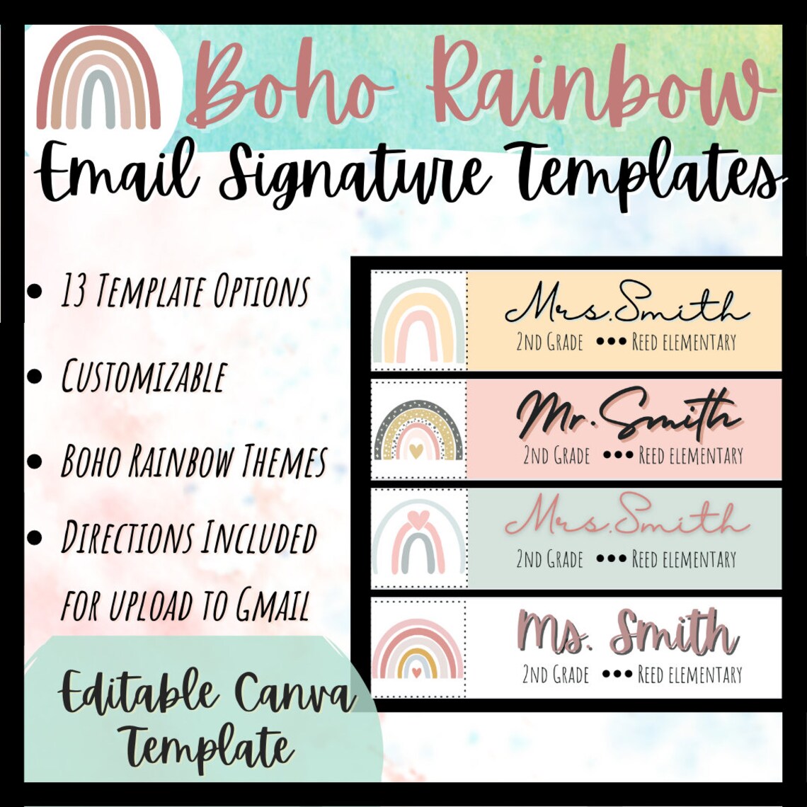 13 Boho Rainbow Custom Email Signatures Editable Template, Name Tags ...