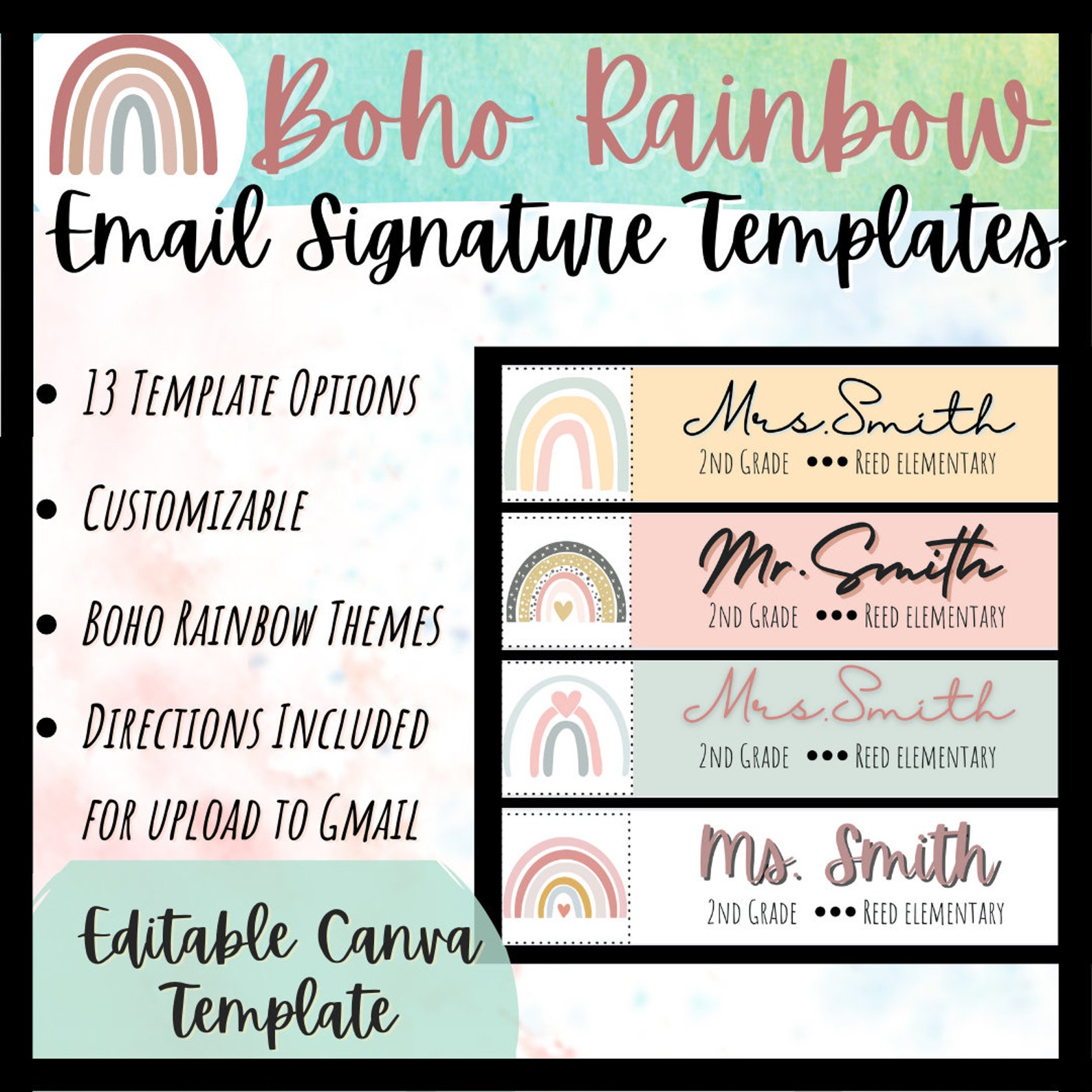 13 Boho Rainbow Custom Email Signatures Editable Template, Name Tags ...