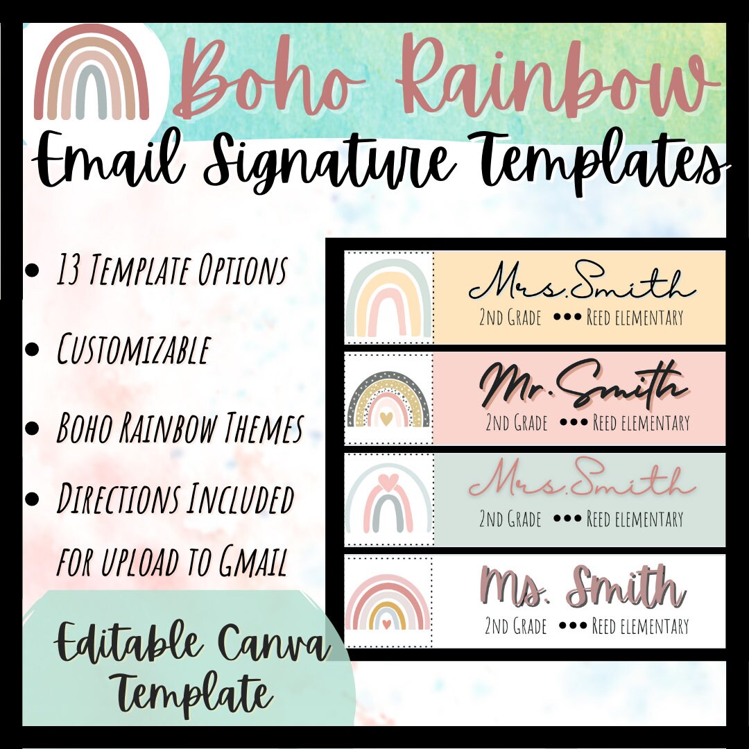 13 Boho Rainbow Custom Email Signatures Editable Template, Name Tags ...