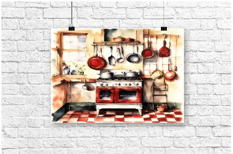 Watercolor Retro Kitchen in Red, Fun Kitchen Print, Digital Download ...