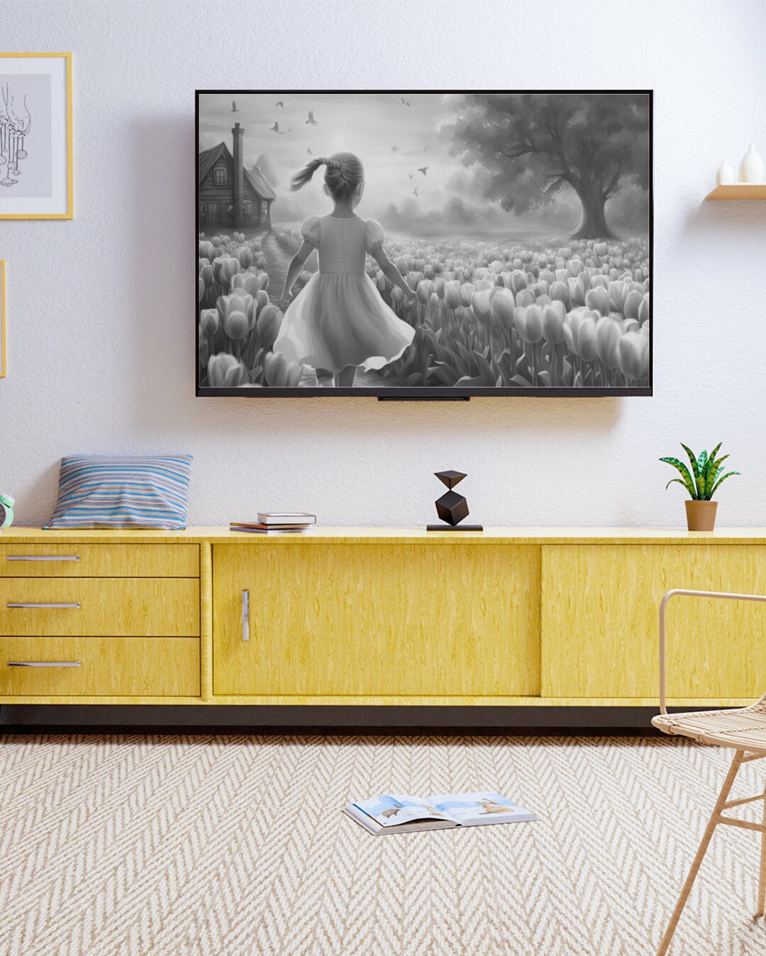 Samsung TV Art, Black and White Painting of Girl in Tulips, Floral TV ...