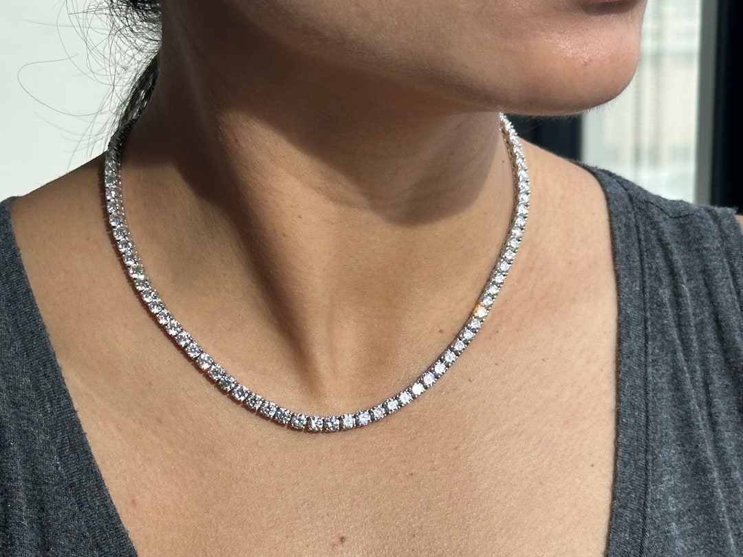 Diamond Tennis Necklace, Straight Line Diamond Necklace, 14K White Gold ...