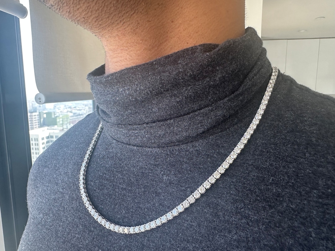 Mens Diamond Tennis Necklace, 14K White Gold Diamond Chain, Lab Grown ...