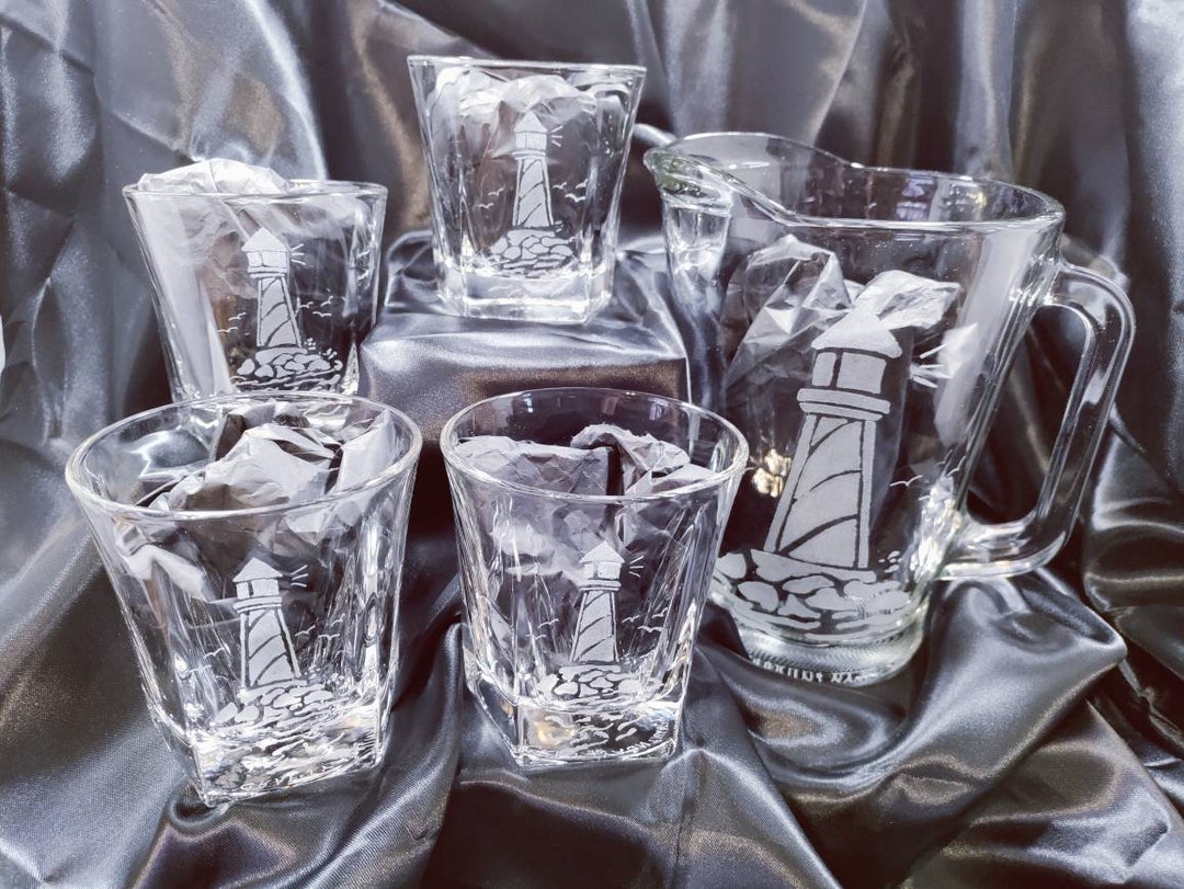 Lighthouse Etched Pitcher and Glasses Set - Etsy