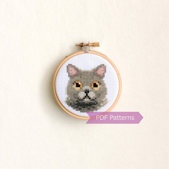 Gray Cat Cross Stitch Pattern PDF Gray Cat With Yellow/blue | Etsy
