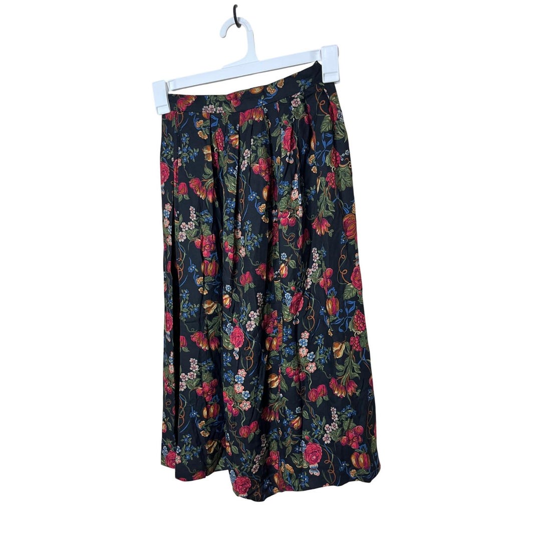 Vintage Susan Bristol Petite Pleated Floral Midi Skirt Size 4 Black Red ...