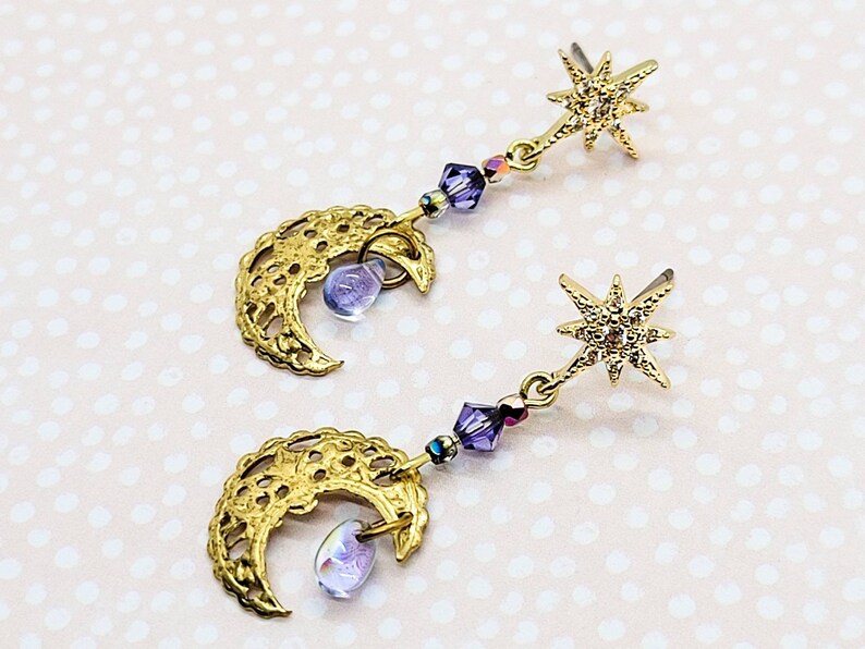 14k Gold Filigree Moons With Lilac Swarovski Crystals, Faceted Czech ...