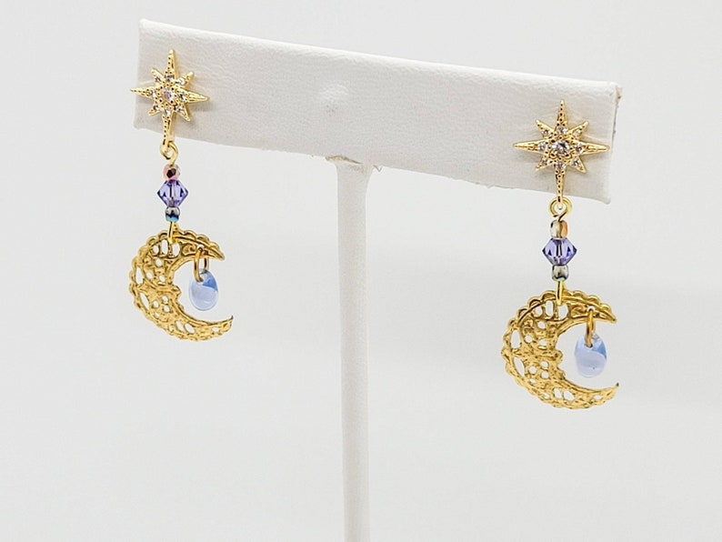 14k Gold Filigree Moons With Lilac Swarovski Crystals, Faceted Czech ...