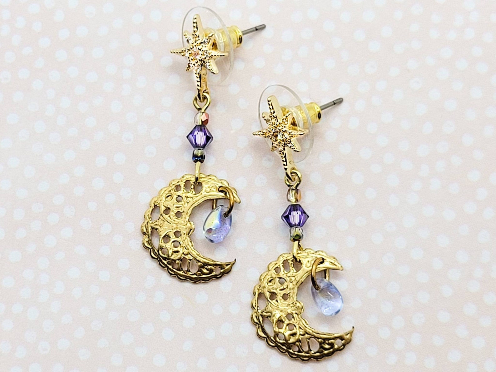 14k Gold Filigree Moons With Lilac Swarovski Crystals, Faceted Czech ...