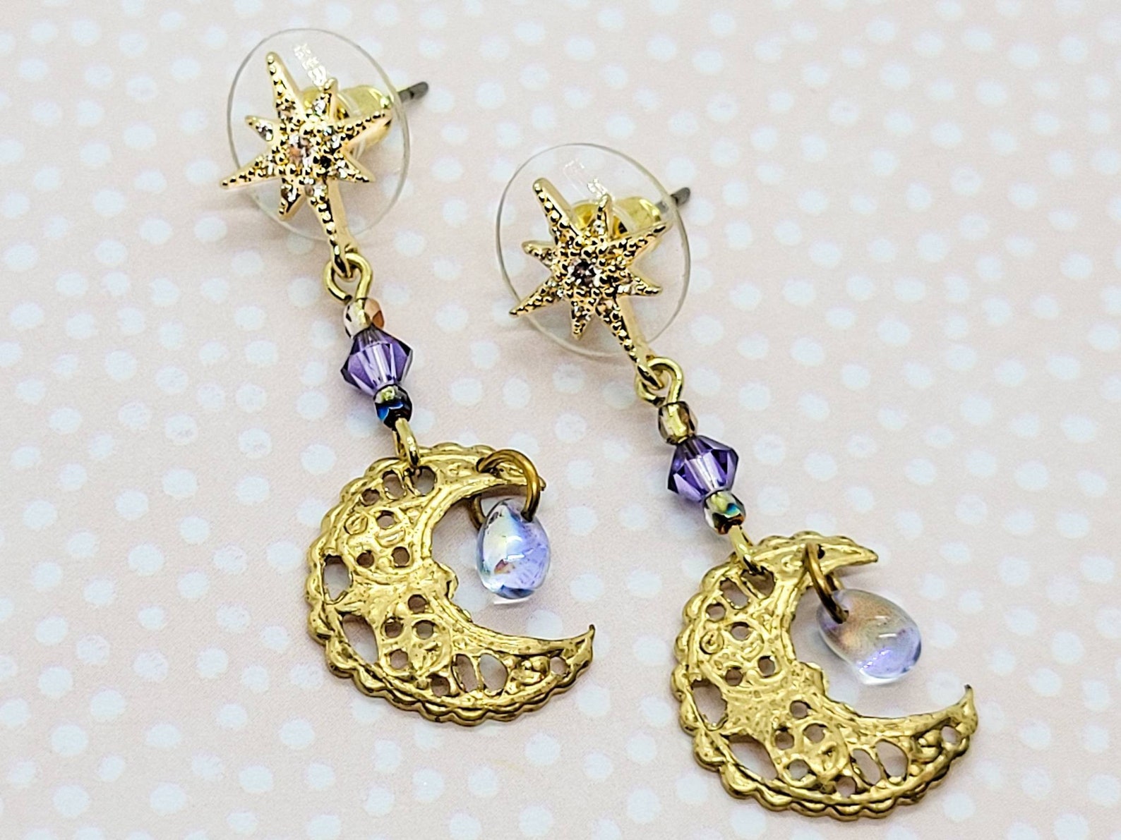 14k Gold Filigree Moons With Lilac Swarovski Crystals, Faceted Czech ...
