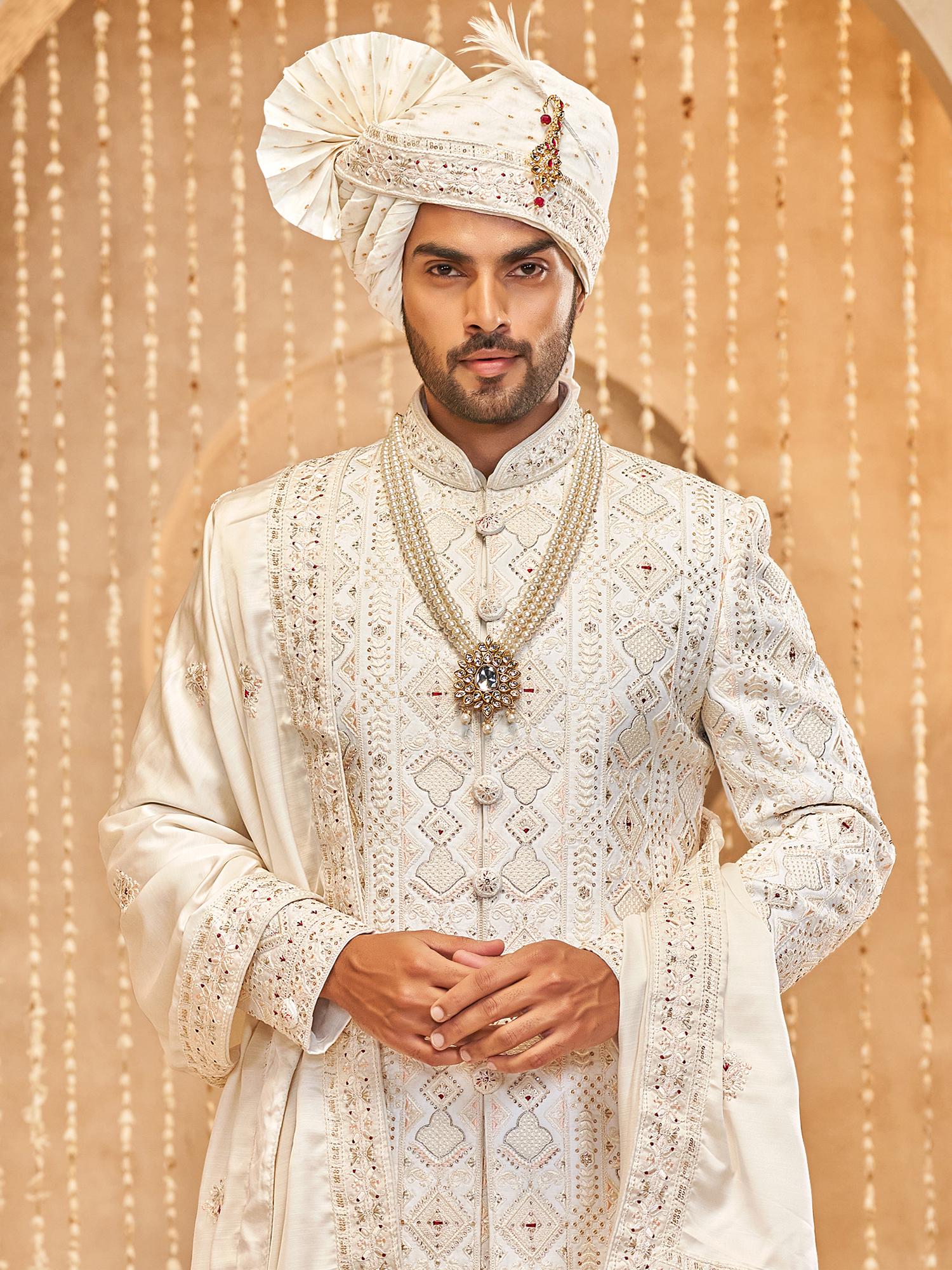Cream Embroidered Sherwani With Shwal,mens Wedding Sherwani,mens ...