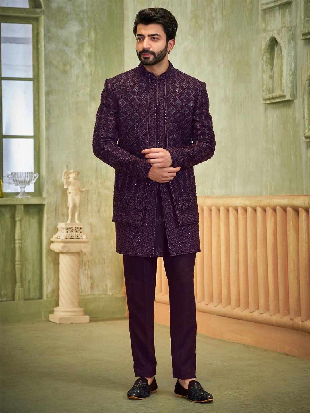Indian Ethnic Purple Color Sherwani for Men,wedding Indowestern,jacket ...