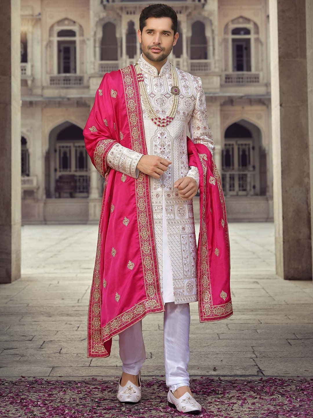 White Embroidered Sherwani With Pink Shawl,wedding,sherwani,groom ...