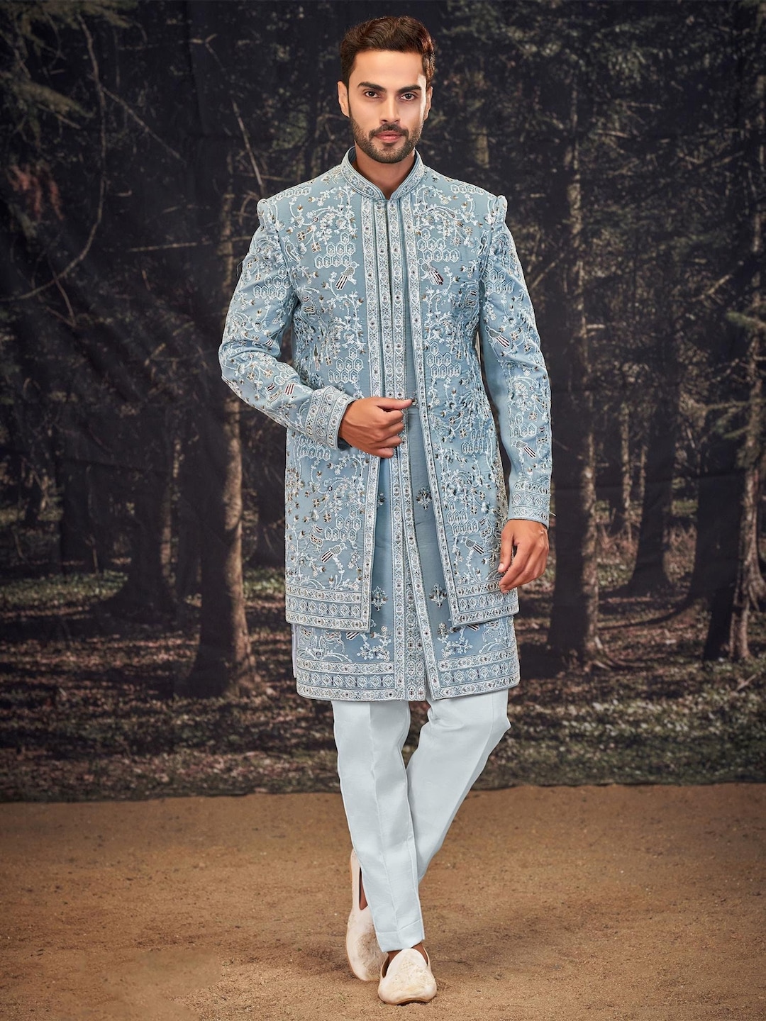 Sky Blue Color Embroidered Sherwani With Long Jacket,indowestern for ...