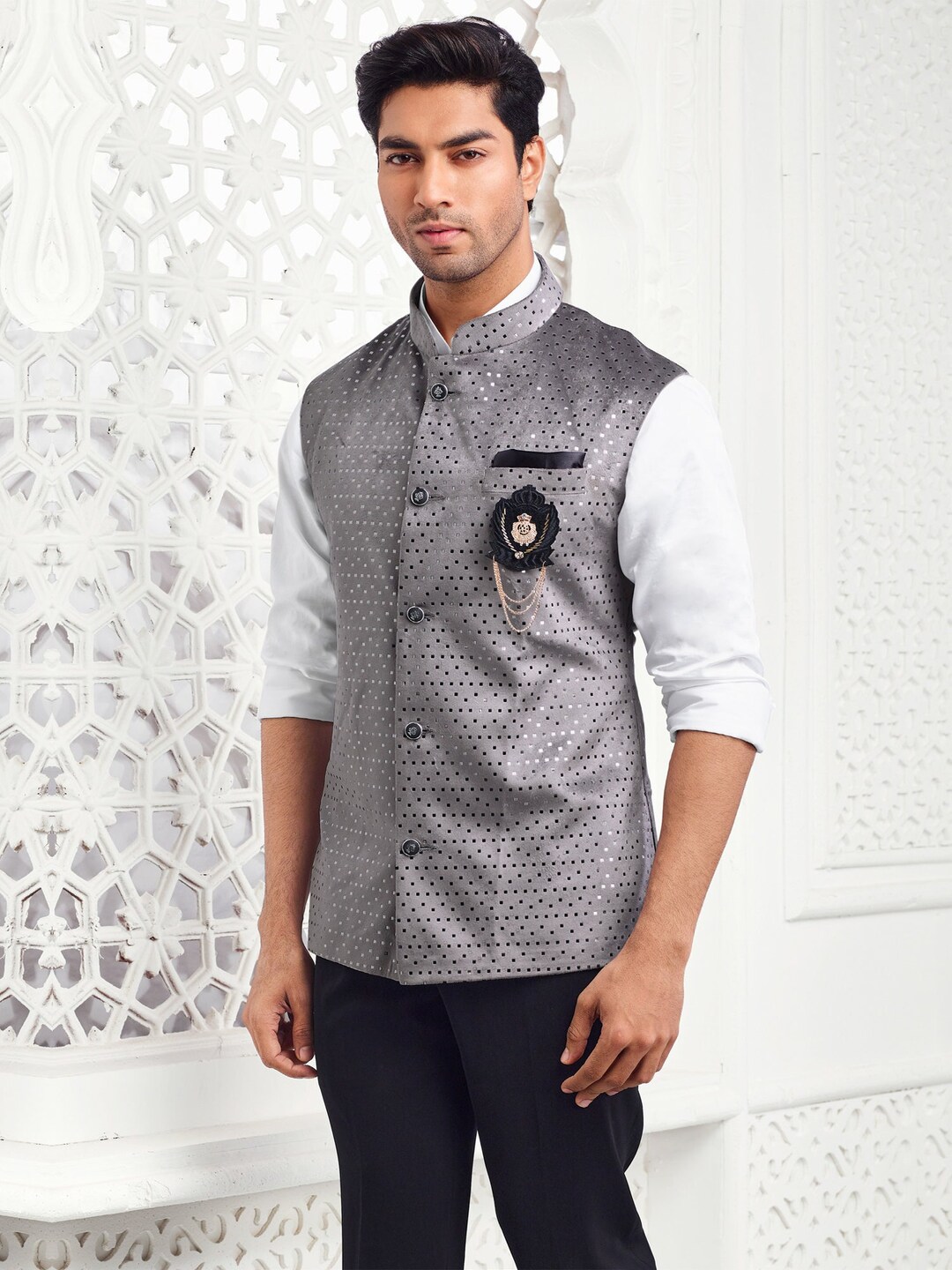 Grey Color Italian Fabric Nehru Jacket With Mirror Embroidery All Over ...
