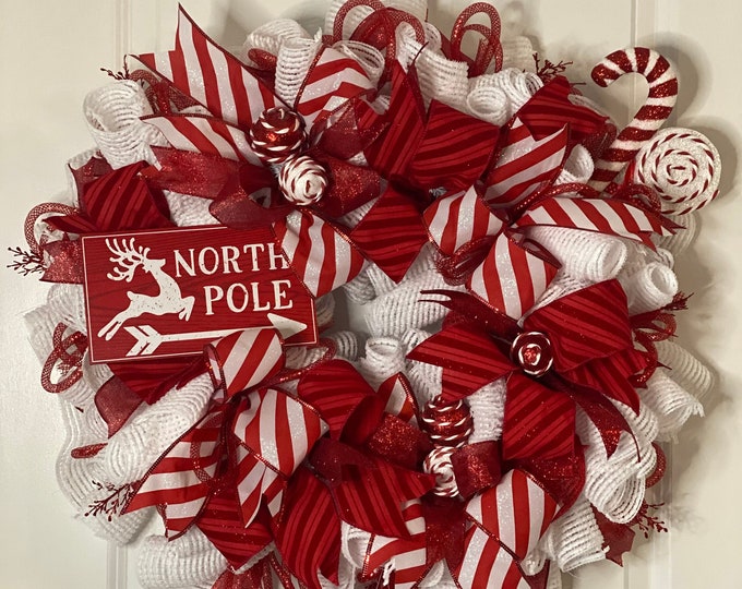 Red and White Christmas Wreath, Candy Cane Wreath, Red Wreath, Holiday ...