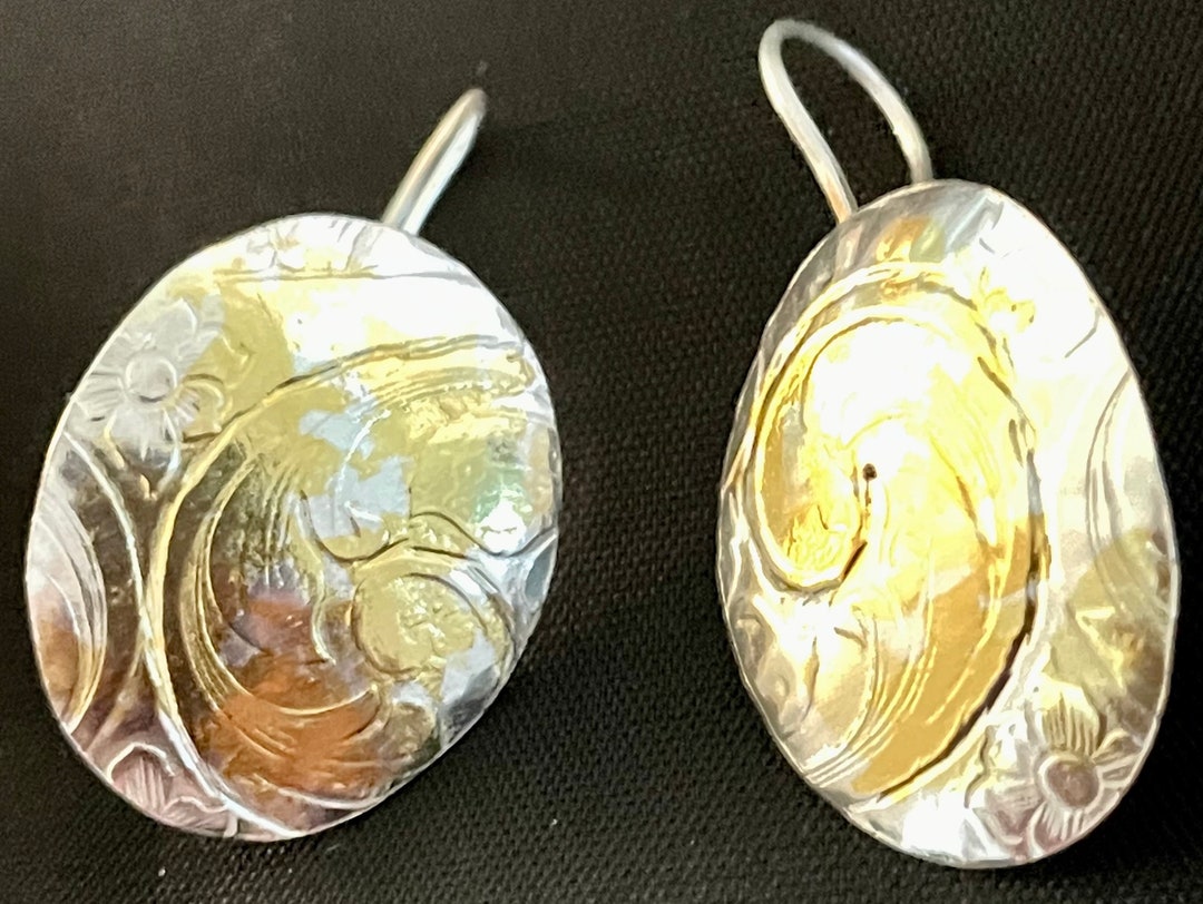 24K Gold Foil and Fine Silver Textured Domed Oval Drop Earrings. Keum ...