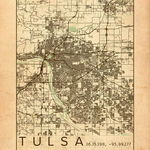 Tulsa Map Print Poster Antique Vintage Aged Tulsa Oklahoma Custom City ...