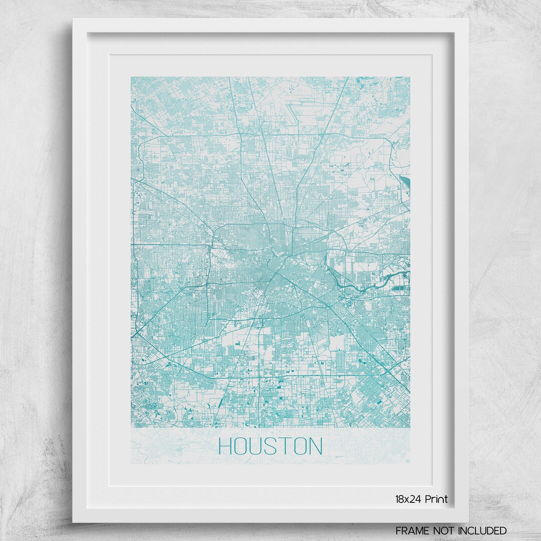Houston City Map Print Poster Watercolor Turquoise H Town Space Bayou ...