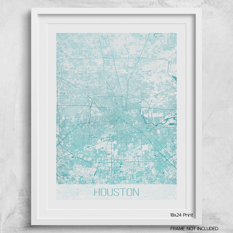 Houston City Map Print Poster Watercolor Turquoise H Town Space Bayou ...
