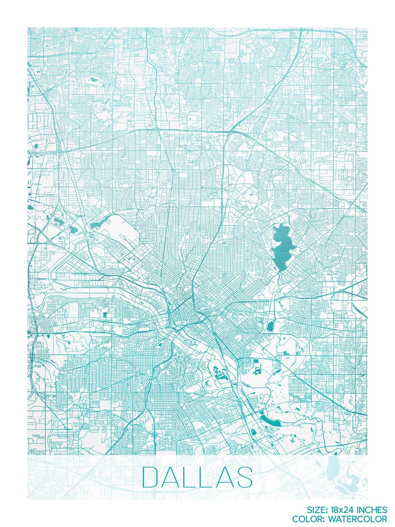 Dallas City Map Print Poster Watercolor Turquoise Dallas Texas - Etsy