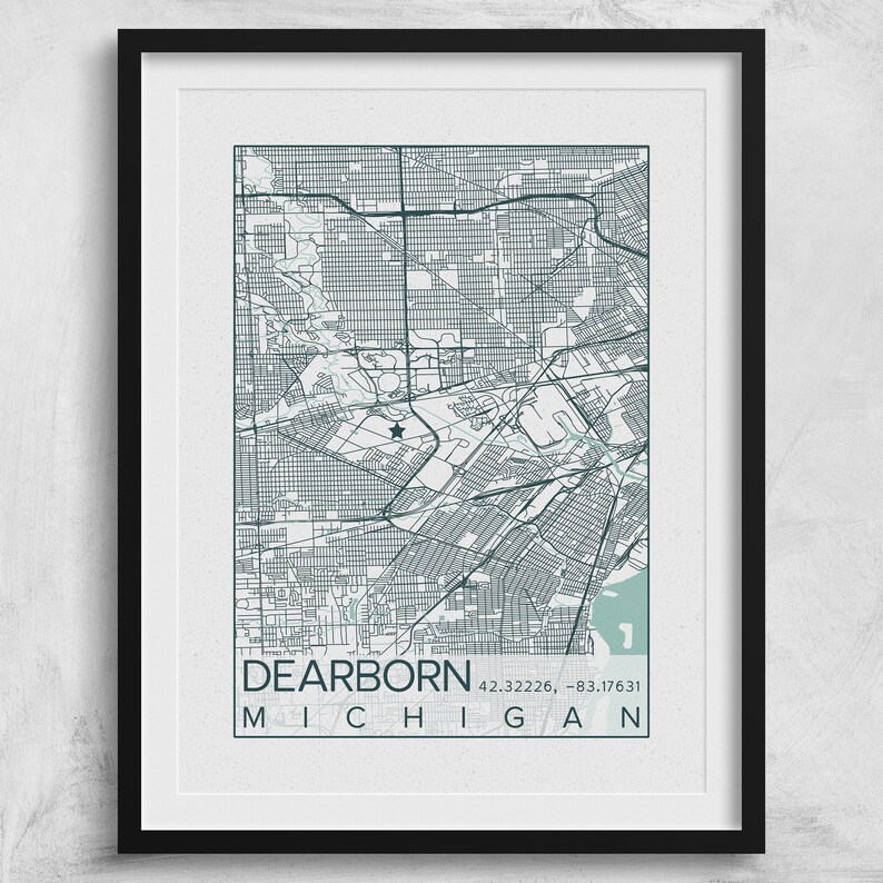 Dearborn City Map Print Poster Blue Green Dearborn Down River | Etsy