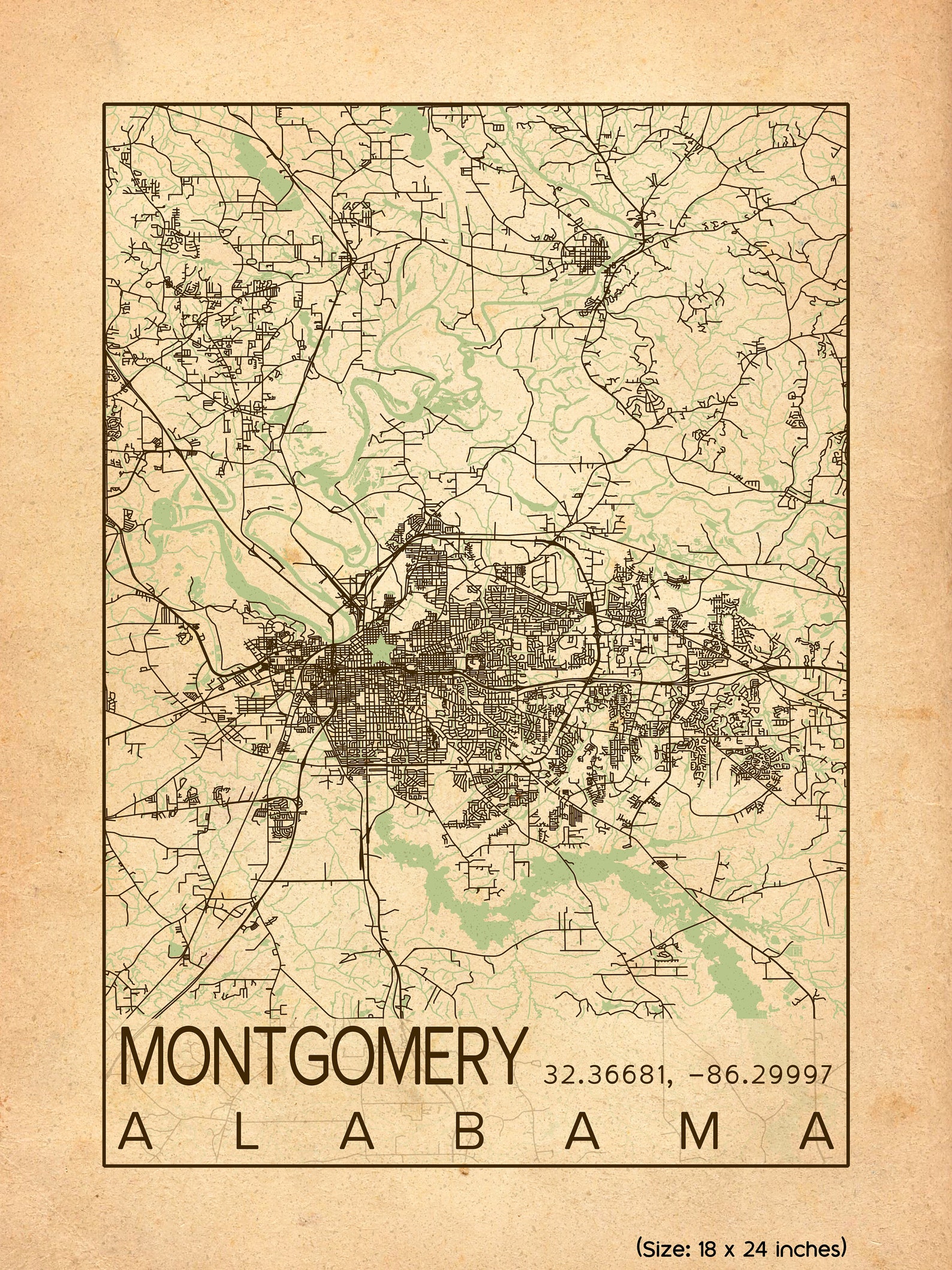 Montgomery Alabama City Map Print Poster Vintage Antique Aged | Etsy
