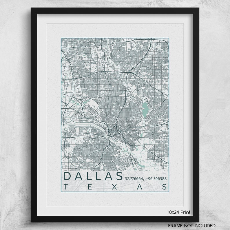 Dallas City Map Print Poster Watercolor Turquoise Dallas Texas - Etsy