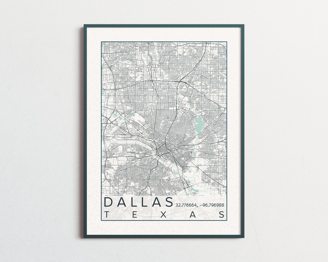 Dallas City Map Print Poster Blue Green Dallas Texas Custom | Etsy