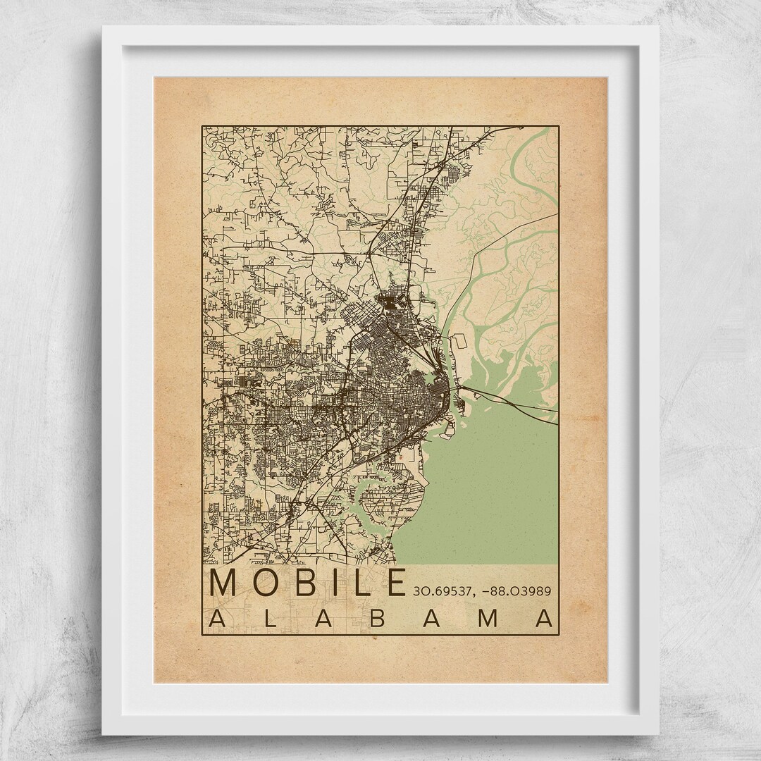 Mobile Alabama City Map Print Poster Antique Vintage Aged Mobile Bay AL ...