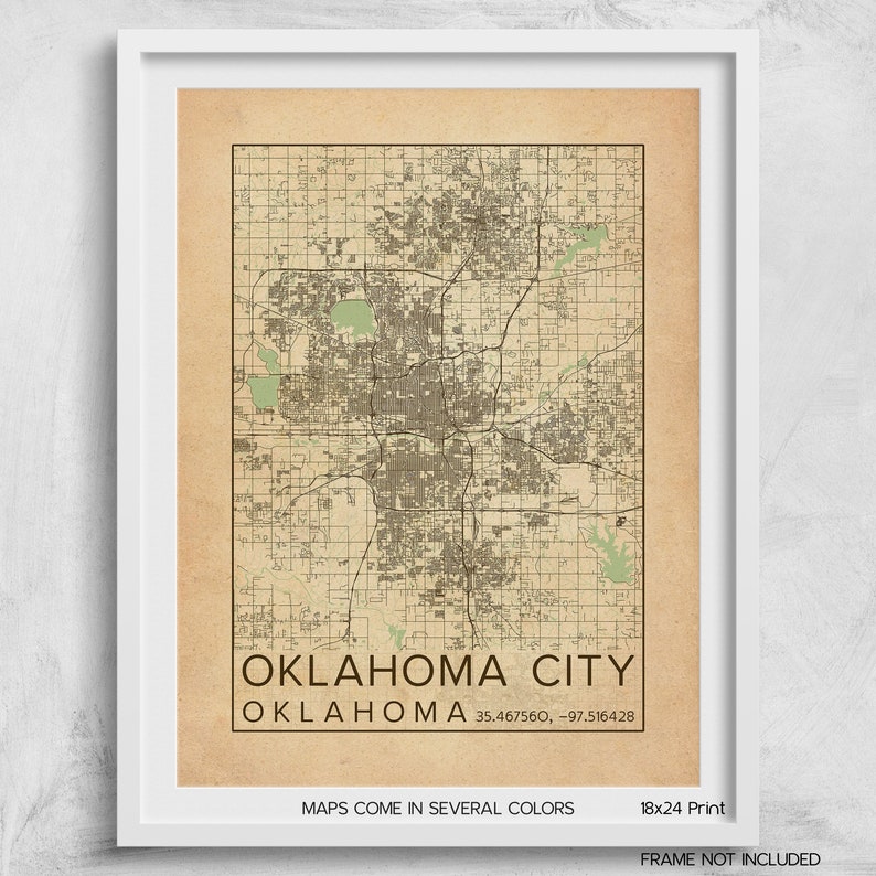 Oklahoma City Map Print Poster Antique Vintage Aged Oklahoma - Etsy