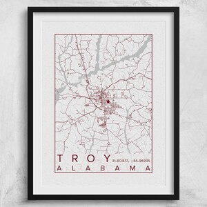 Troy Alabama Map Troy University Poster Print City of AL Trojans T-roy ...