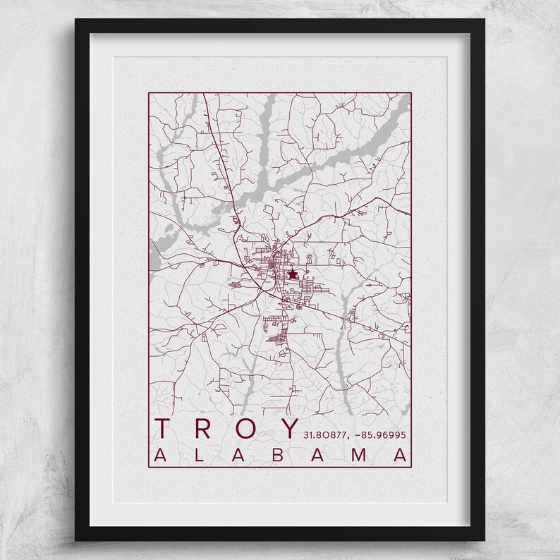 Troy Alabama Map Troy University Poster Print City of AL - Etsy