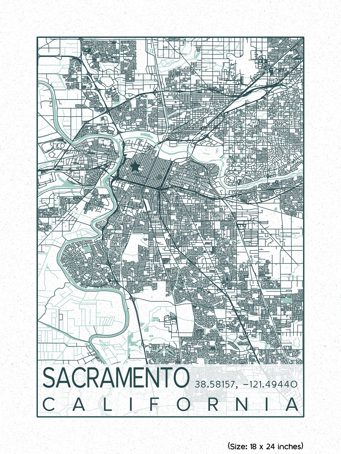 Sacramento City Map Print Poster Blue Green Sacramento | Etsy