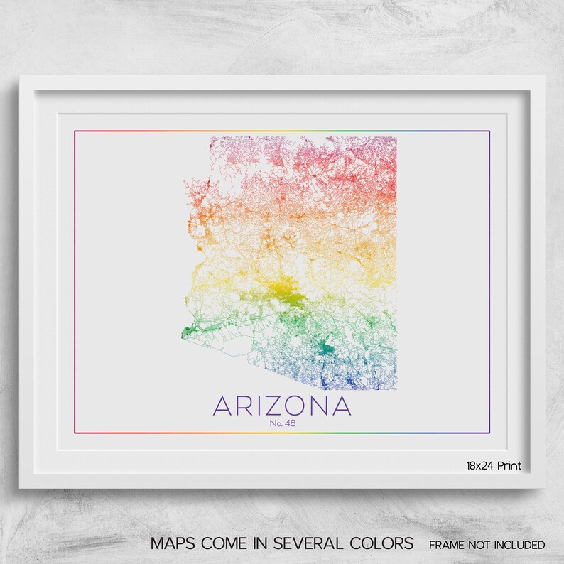 Arizona AZ State Map Road Map Roadways Different Custom Colors - Etsy
