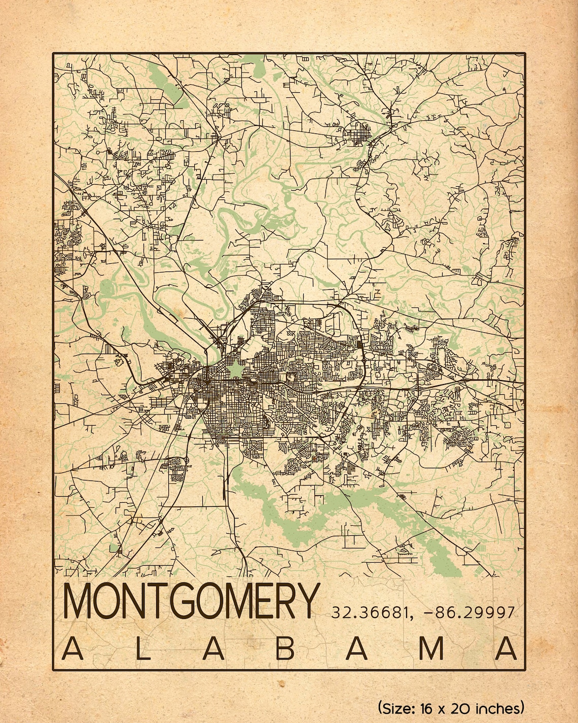 Montgomery Alabama City Map Print Poster Vintage Antique Aged | Etsy